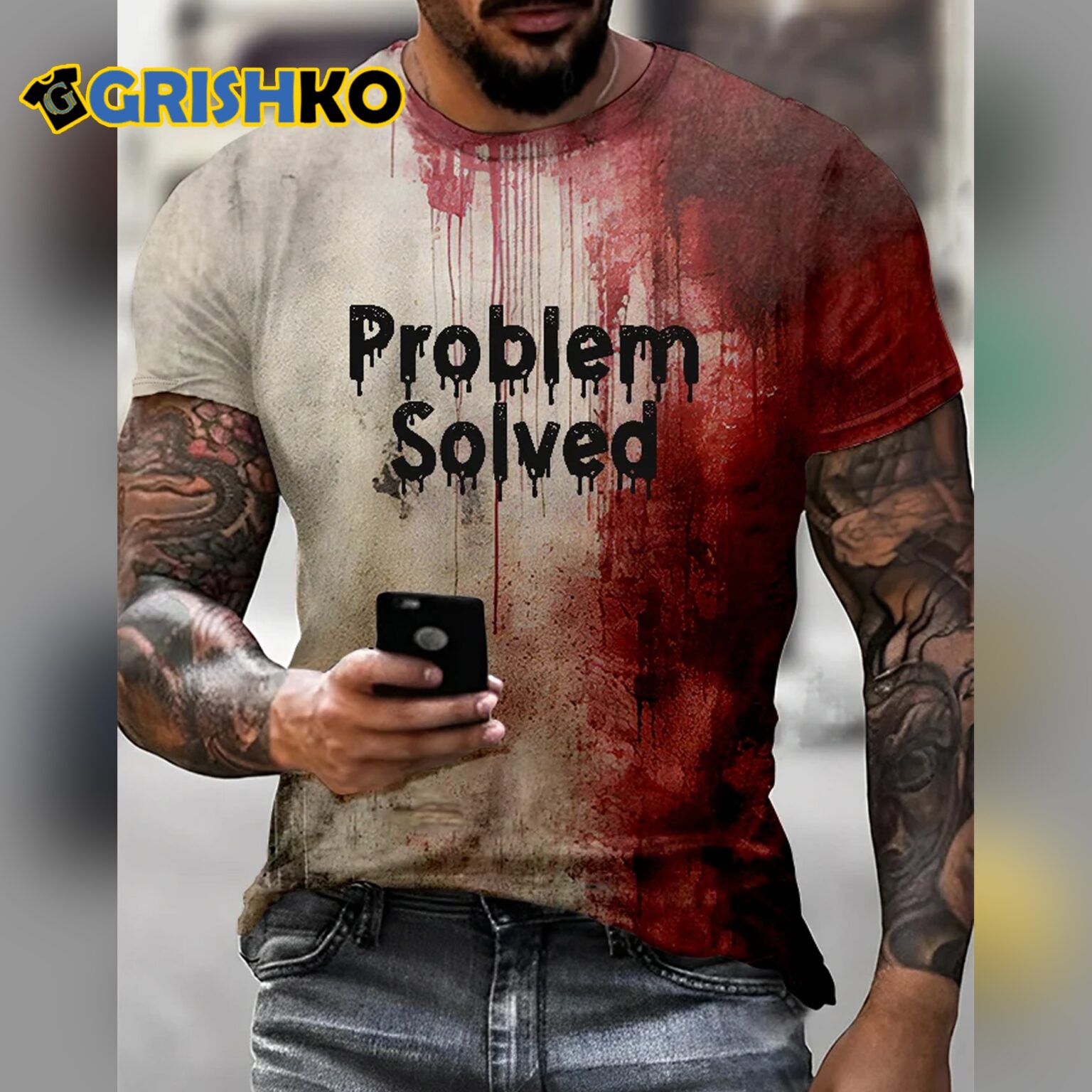 Men's Bloody Problem Solved Halloween Print T-Shirt - Grishko.com