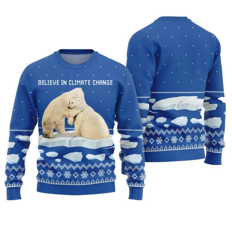 Believe In Climate Change Polar Bear Ugly Holiday Sweater - Grishko